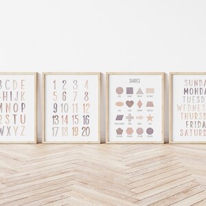 SET of 4 Prints, Watercolor Alphabet Number Week Shapes, Neutral ...