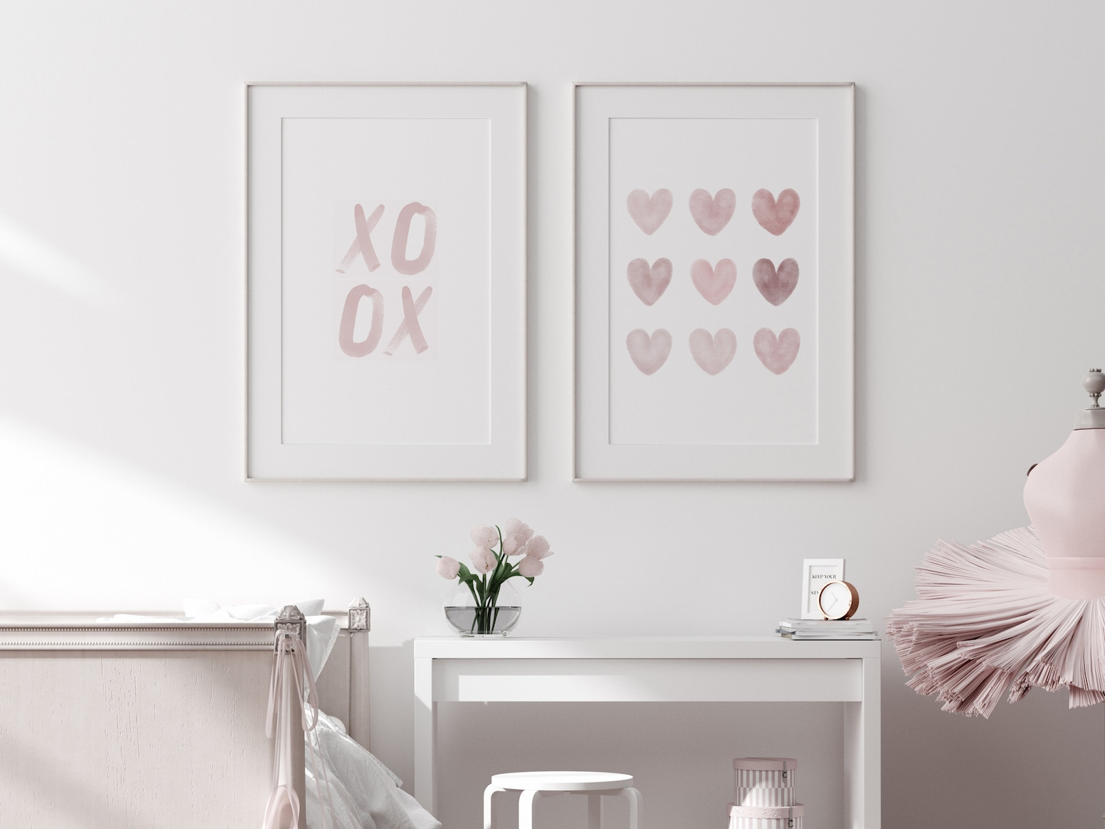 Set of 2 Love Prints Blush Pink XOXO Print Watercolor | Etsy