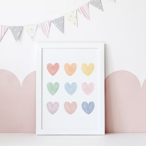 Pastel Rainbow Watercolor Hearts Print, Nursery Printable Wall Art ...