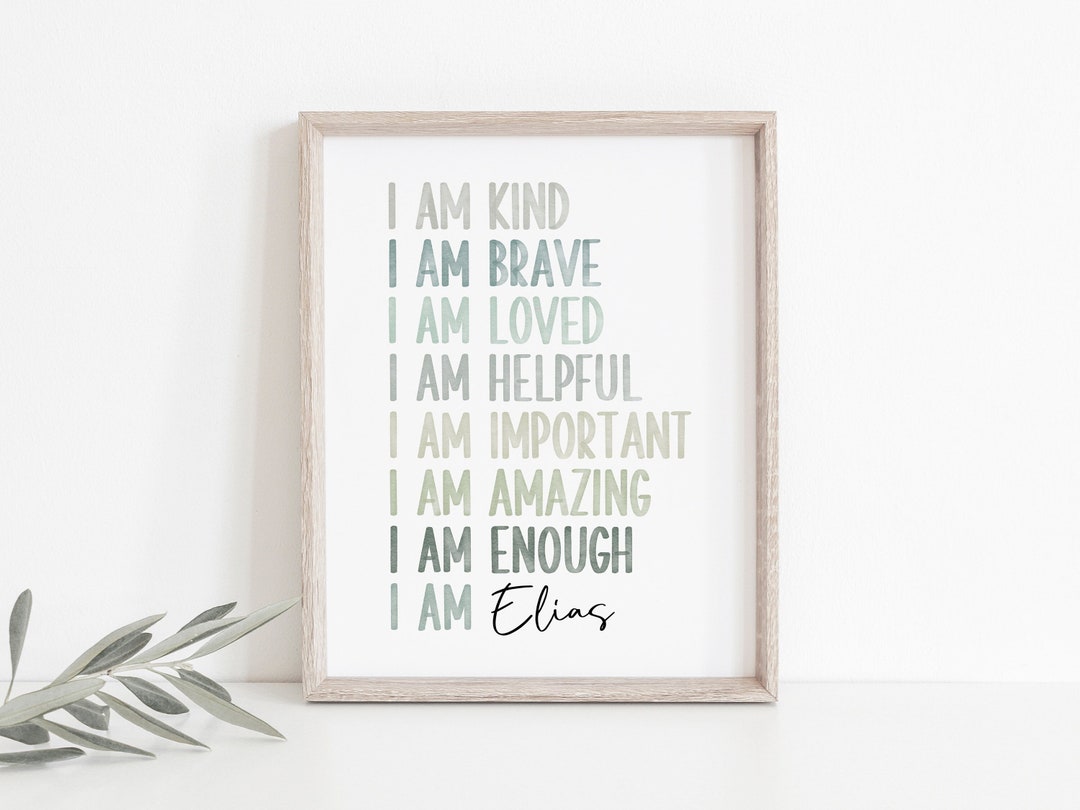 Sage Green Watercolor Kids Affirmation Print, Custom Name, Positive ...