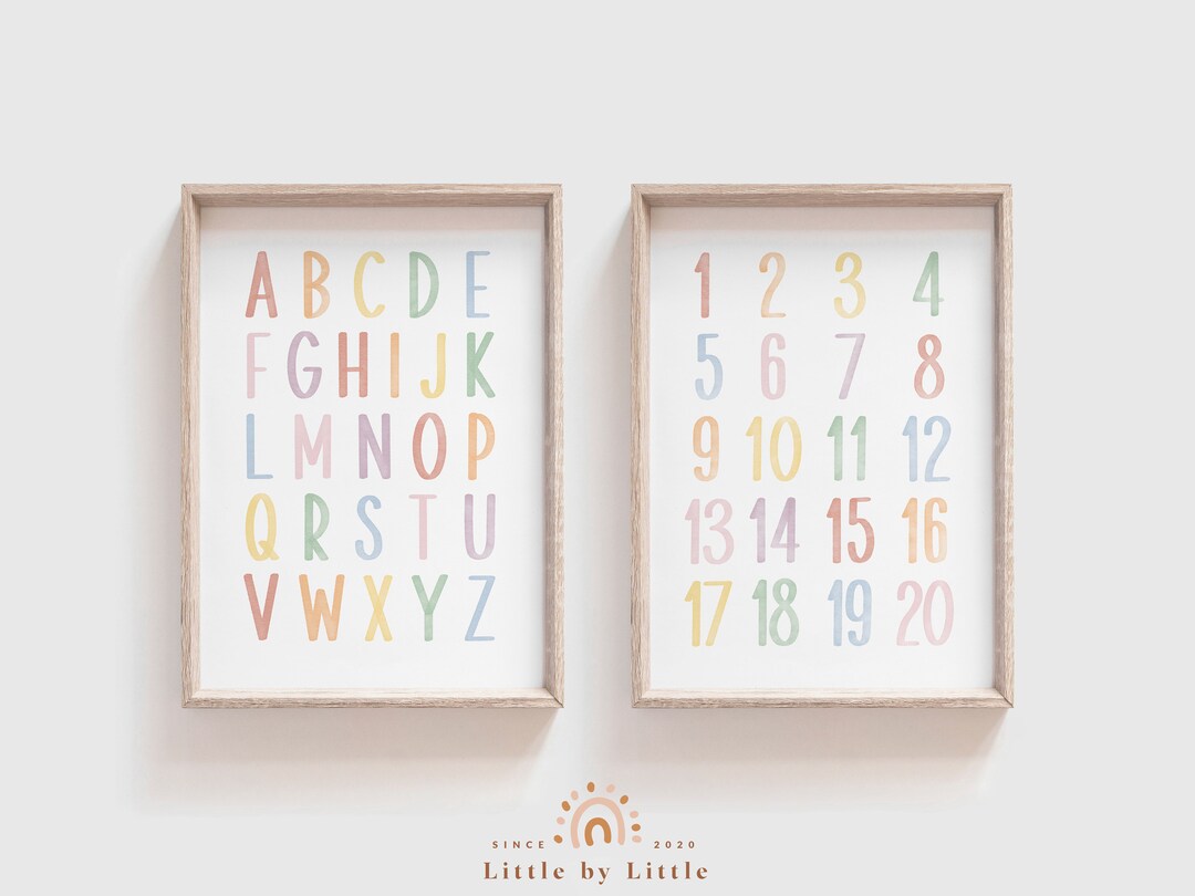 SET of 2 Pastel Learning Prints, Pastel Watercolor Alphabet & Numbers ...