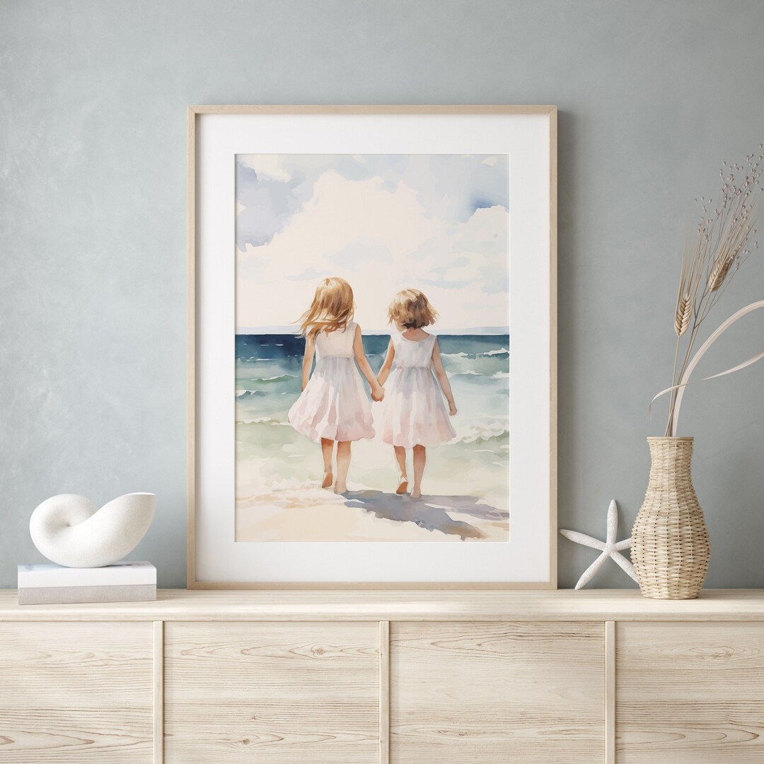 Watercolor Painting of Sisters at the Beach, Girls Room Decor, Big ...