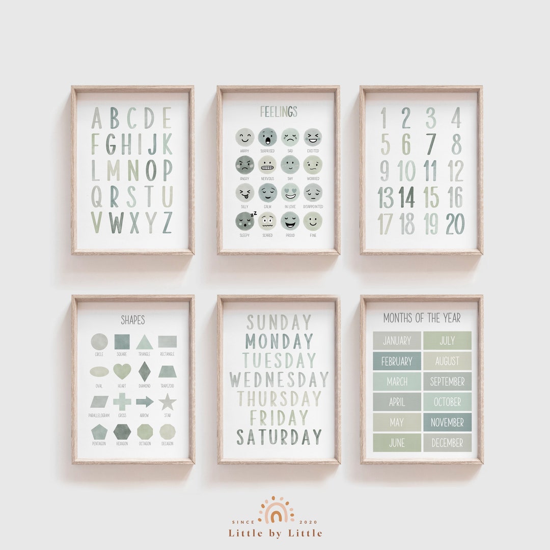 Sage Green Watercolor Learning Prints, SET of 6, Alphabet, Numbers ...