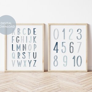 SET of 2 Prints, Watercolor Alphabet Number, Nursery Wall Art, Blue ...