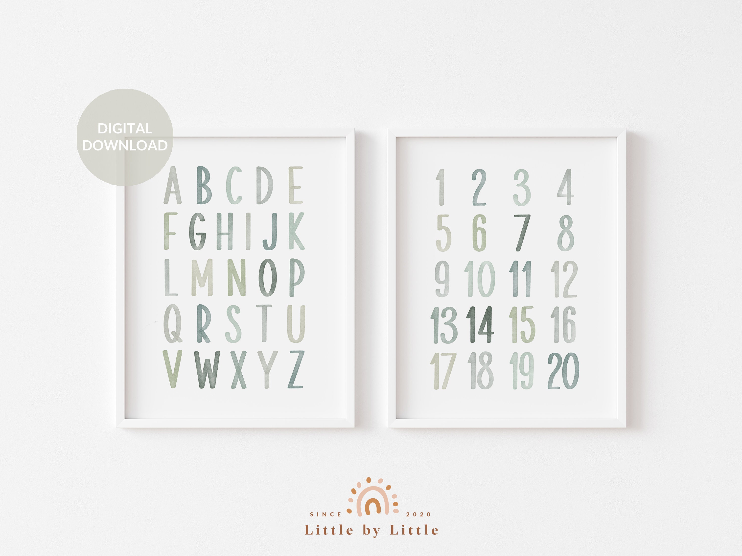 Sage Green Watercolor Alphabet Numbers Print Set (set of 2) : Boy Room ...