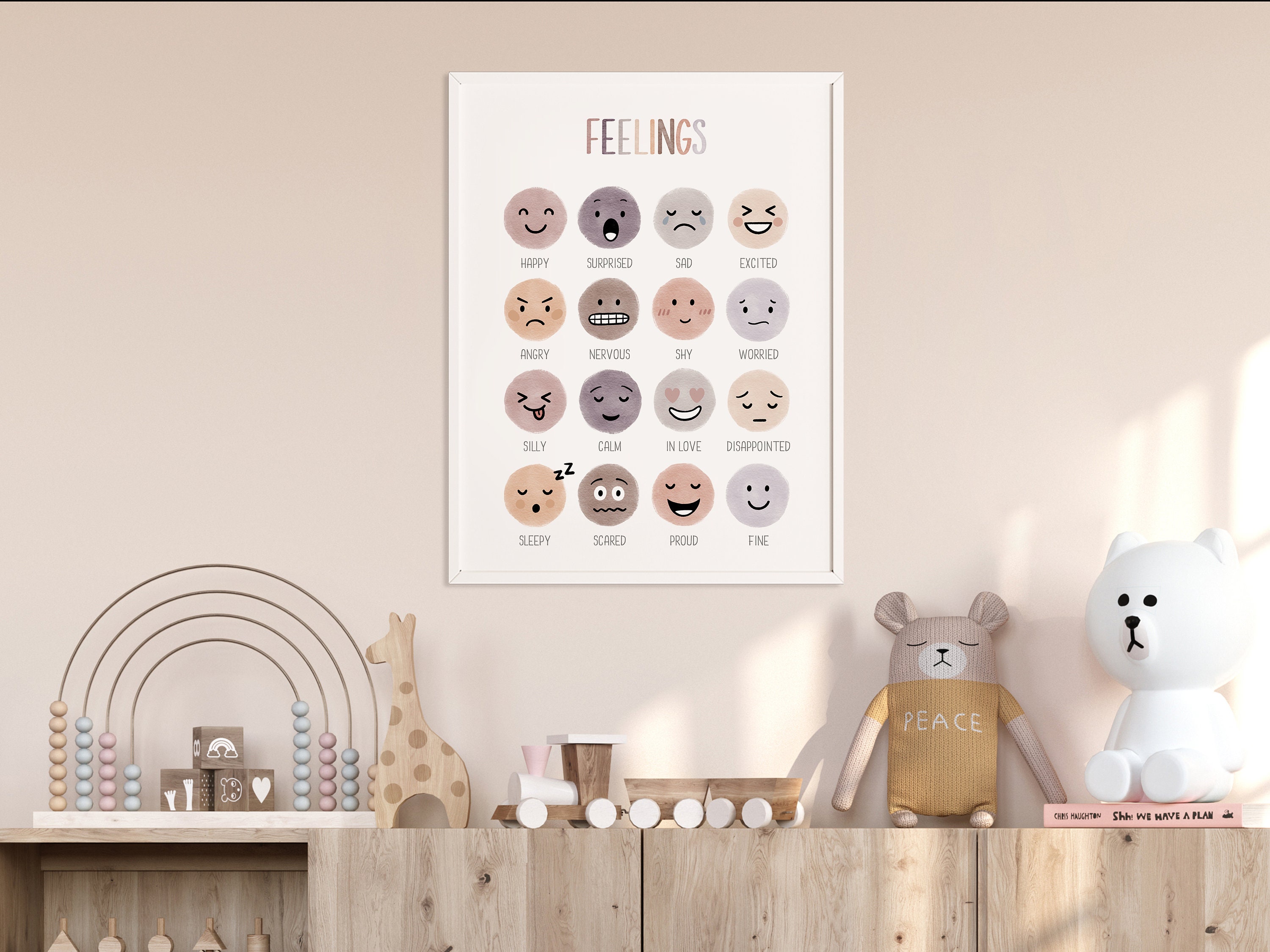 Feelings Chart Poster: Neutral Watercolor, Boho Nursery Decor (digital ...