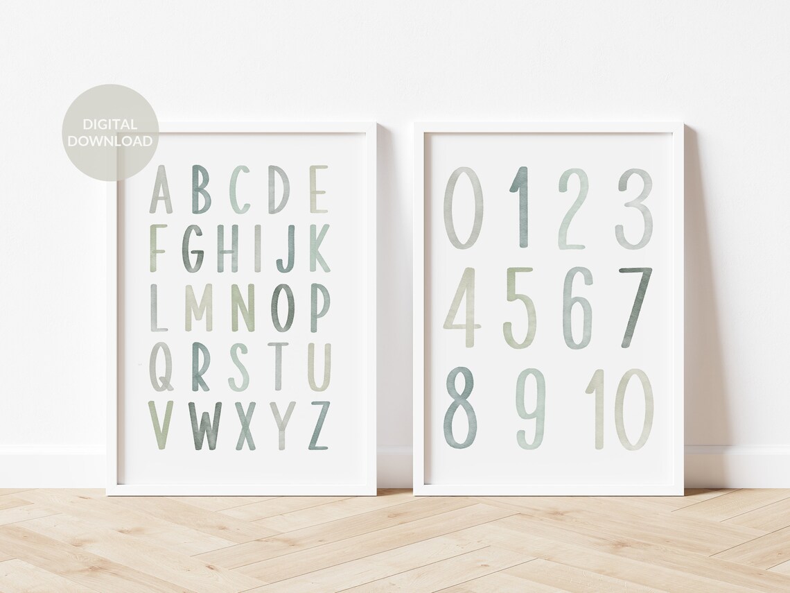 Sage Green Watercolor Alphabet Numbers SET of 2 Prints - Etsy