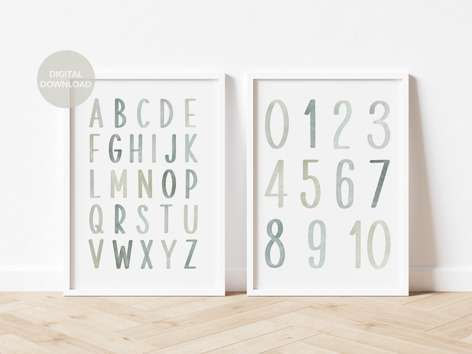 Sage Green Watercolor Alphabet Numbers Prints (set of 2) : Nursery ...