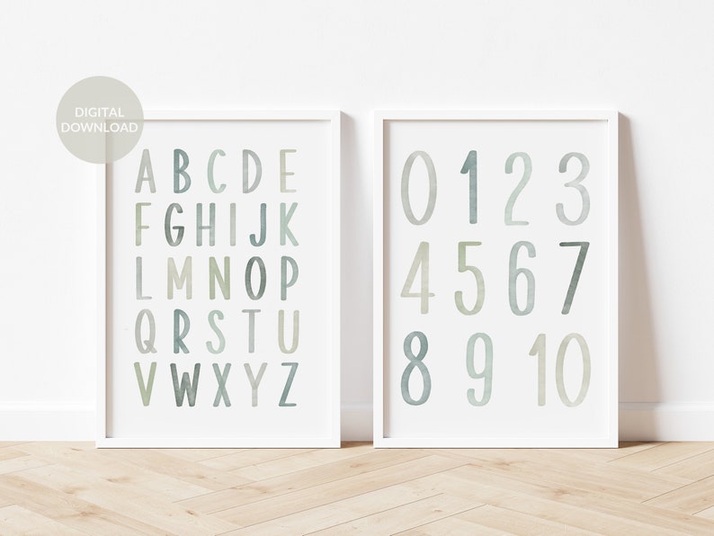 Sage Green Watercolor Alphabet Numbers SET of 2 Prints - Etsy