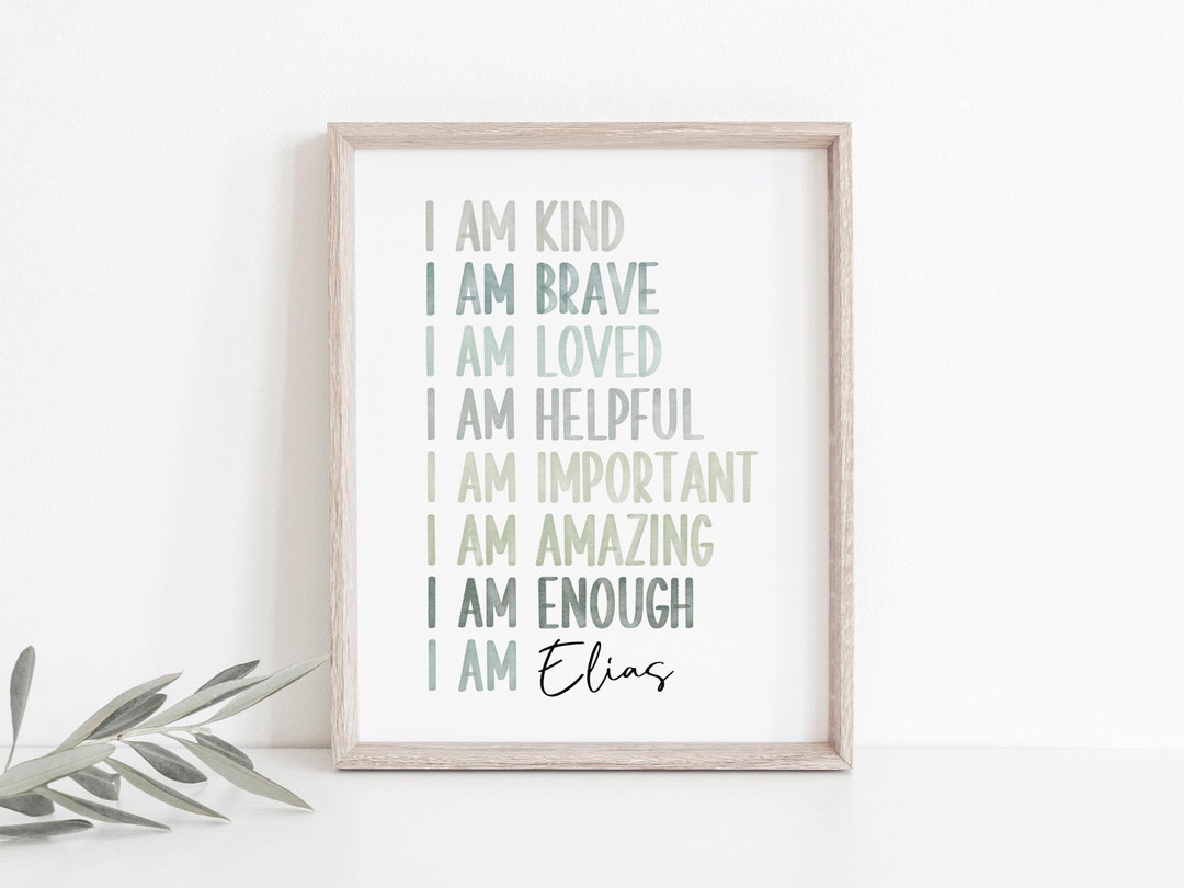Sage Green Watercolor Kids Affirmation Print, Custom Name, Positive ...