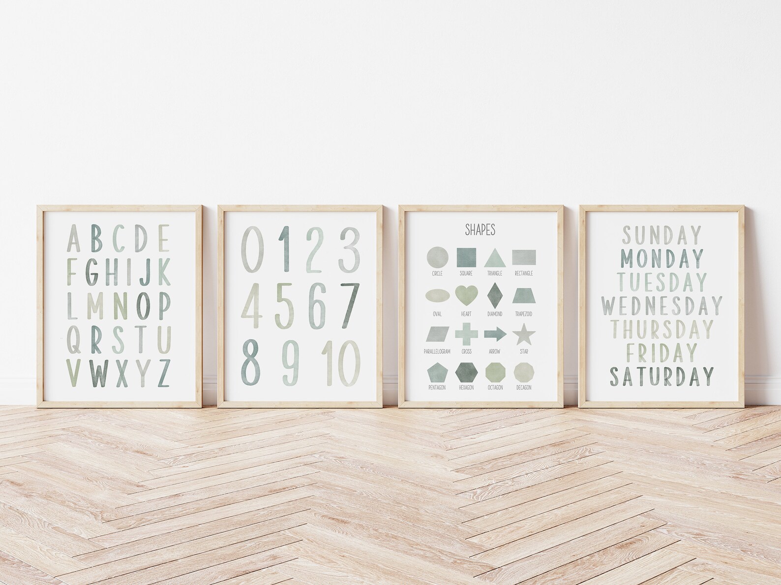 Sage Green Watercolor Learning Posters (set of 4) : Alphabet, Numbers ...