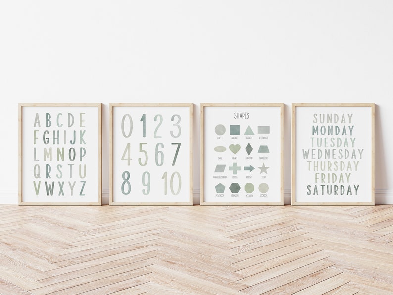 Sage Green Watercolor Learning Posters SET of 4 Alphabet - Etsy