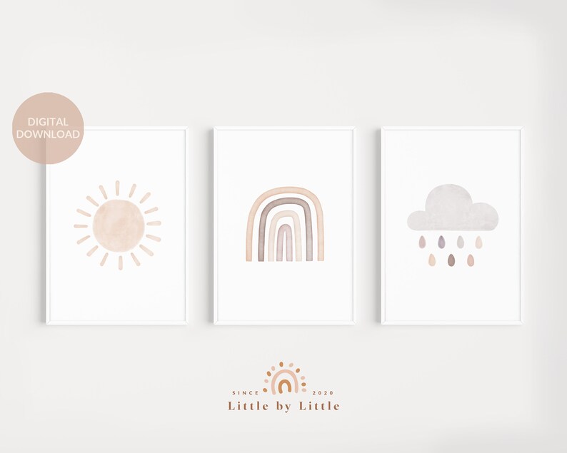 SET of 3 Posters Neutral Sun Rainbow Cloud Print Watercolor | Etsy