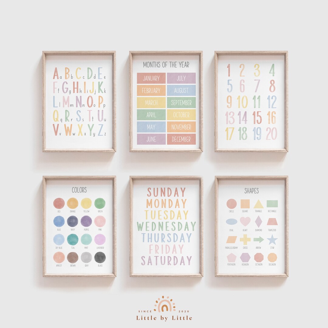 Watercolor Learning Prints, SET of 6, Alphabet Number Week Shape Color ...