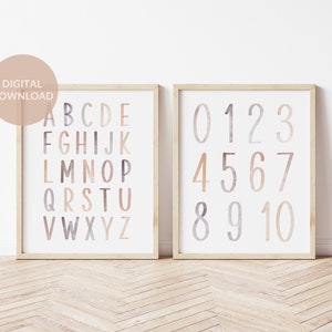 SET of 2 Prints, Watercolor Alphabet Number, Montessori Wall Art ...