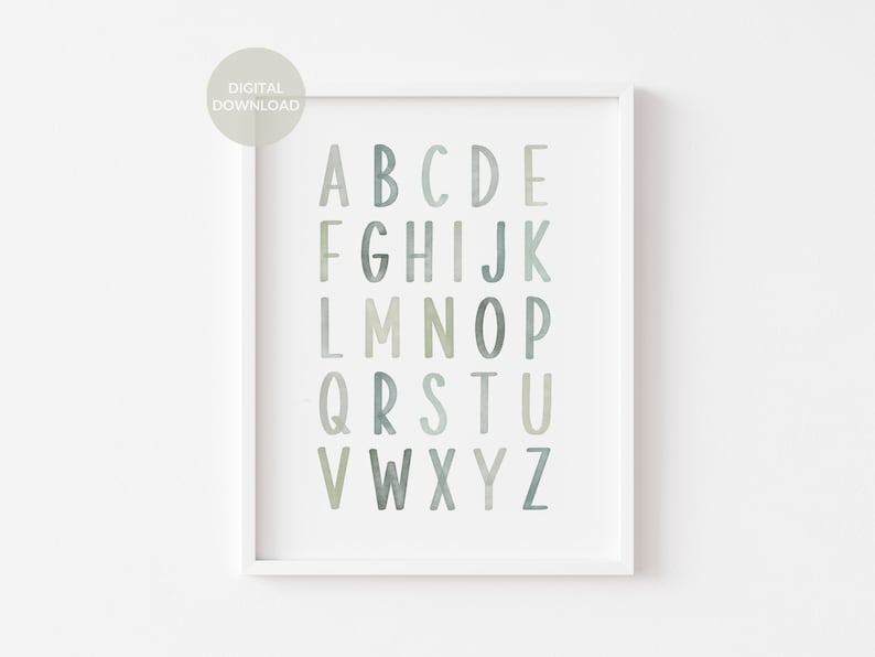 Sage Green Watercolor Alphabet Print: Montessori Nursery Decor (digital ...