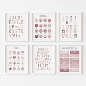 SET of 6 Pink Learning Prints, Blush Pink Watercolor, Alphabet, Numbers ...