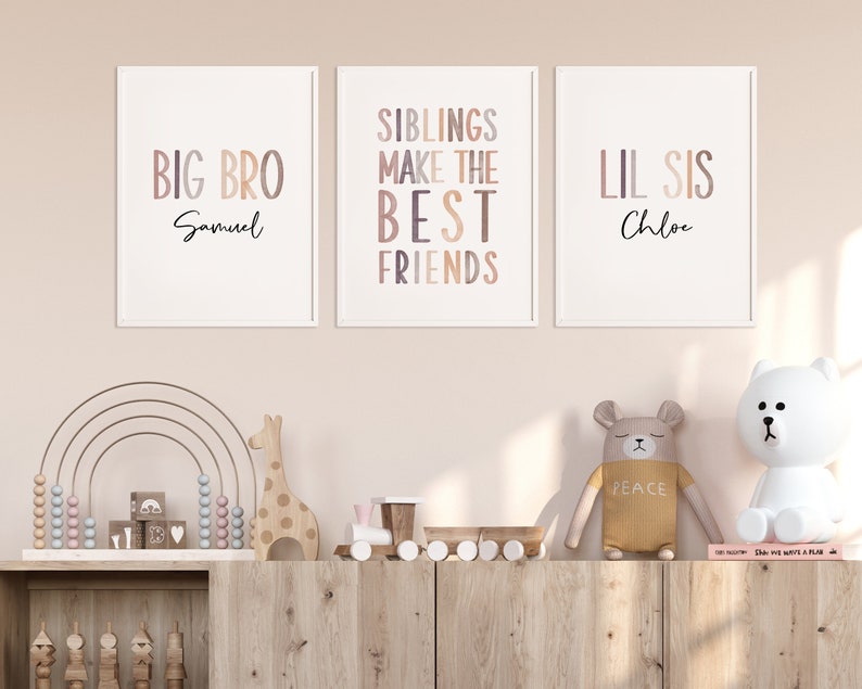 Set of 3 Neutral Sibling Prints, Custom Sibling Name, Sibling Prints ...