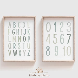 Sage Green Watercolor Alphabet Numbers SET of 2 Prints - Etsy