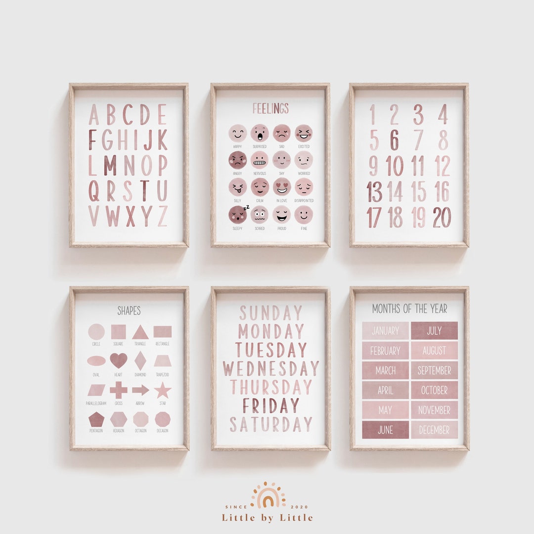 SET of 6 Pink Learning Prints, Blush Pink Watercolor, Alphabet, Numbers ...