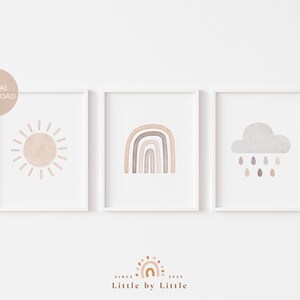 SET of 3 Posters, Neutral Sun Rainbow Cloud Print, Watercolor Weather ...