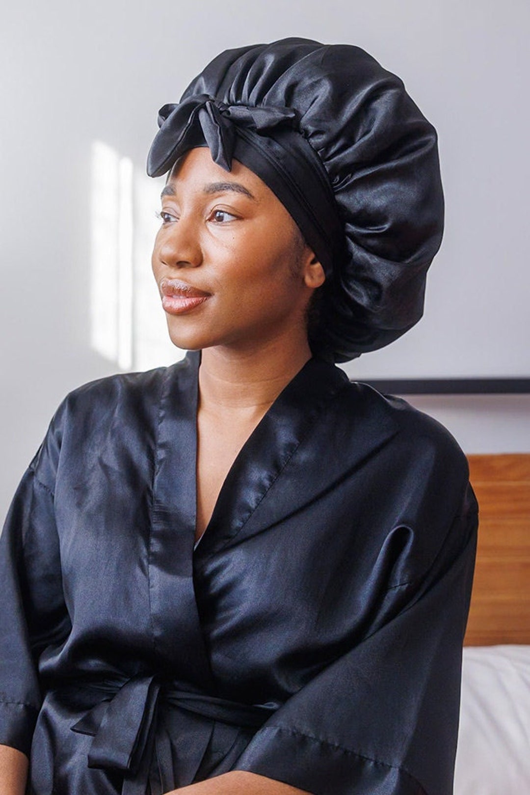 All Hair Types - Satin Bonnet With Bow Tie - Black - Etsy
