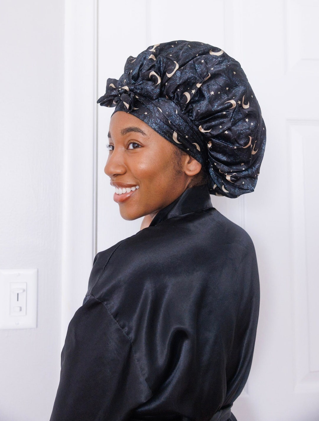 All Hair Types Satin Bonnet With Bow Tie Celestial Print Crescent Moon ...