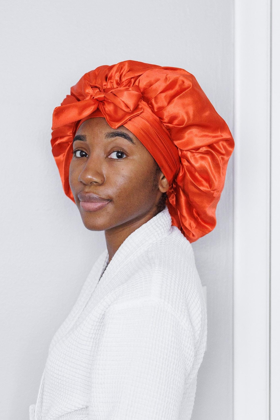 All Hair Types Satin Bonnet With Bow Tie Tangerine - Etsy