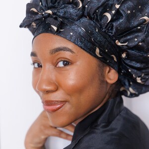 All Hair Types Satin Bonnet With Bow Tie Celestial Print Crescent Moon ...