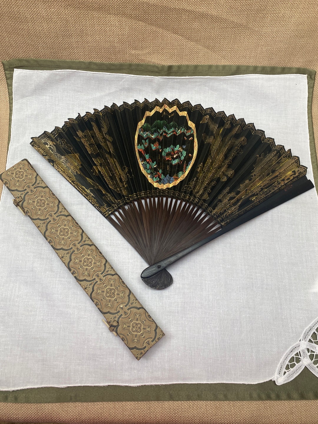 Vintage ORIENTAL Fanhand Held Painted Paper and Wood Fan in Original ...