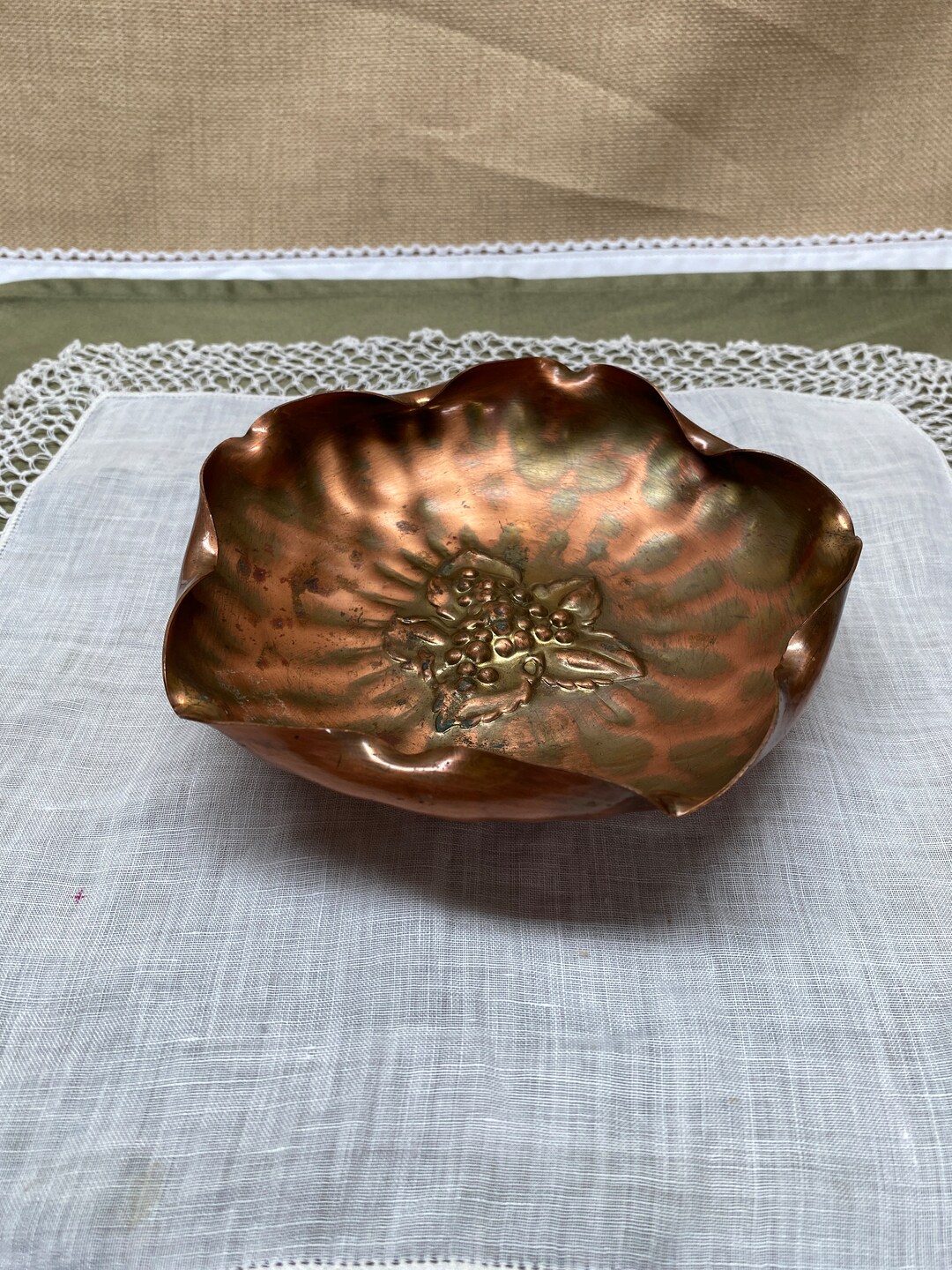 Vintage GREGORIAN COPPER Shallow Bowl With Raised Grapes and Grape ...