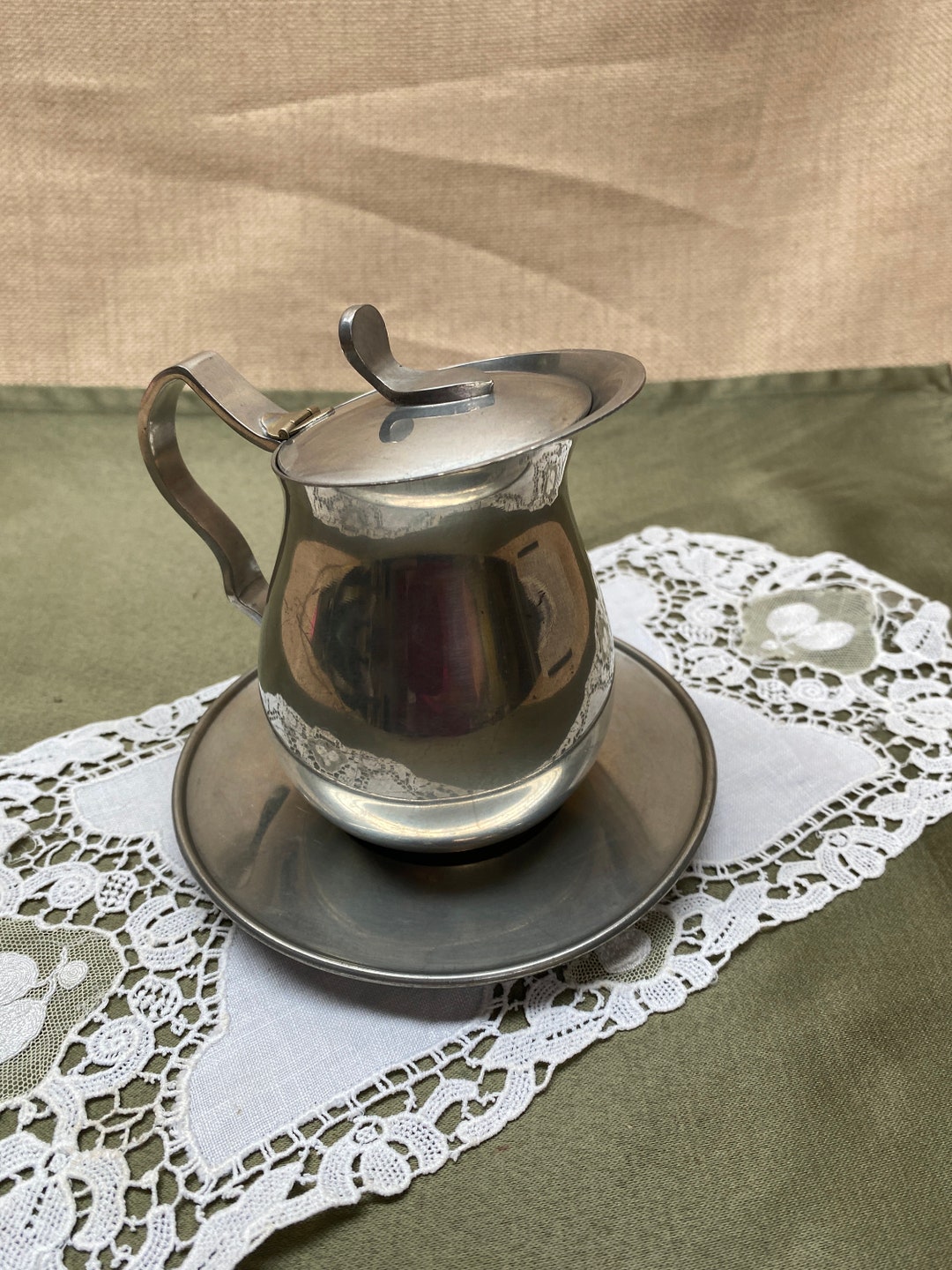Vintage STIEFF Pewter SYRUP or Creamer Pitcher With Platecollectible ...