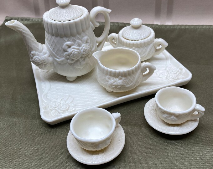 Miniature TEA SET Solid Cream Color With Embossed Roses and Flowersdoll ...