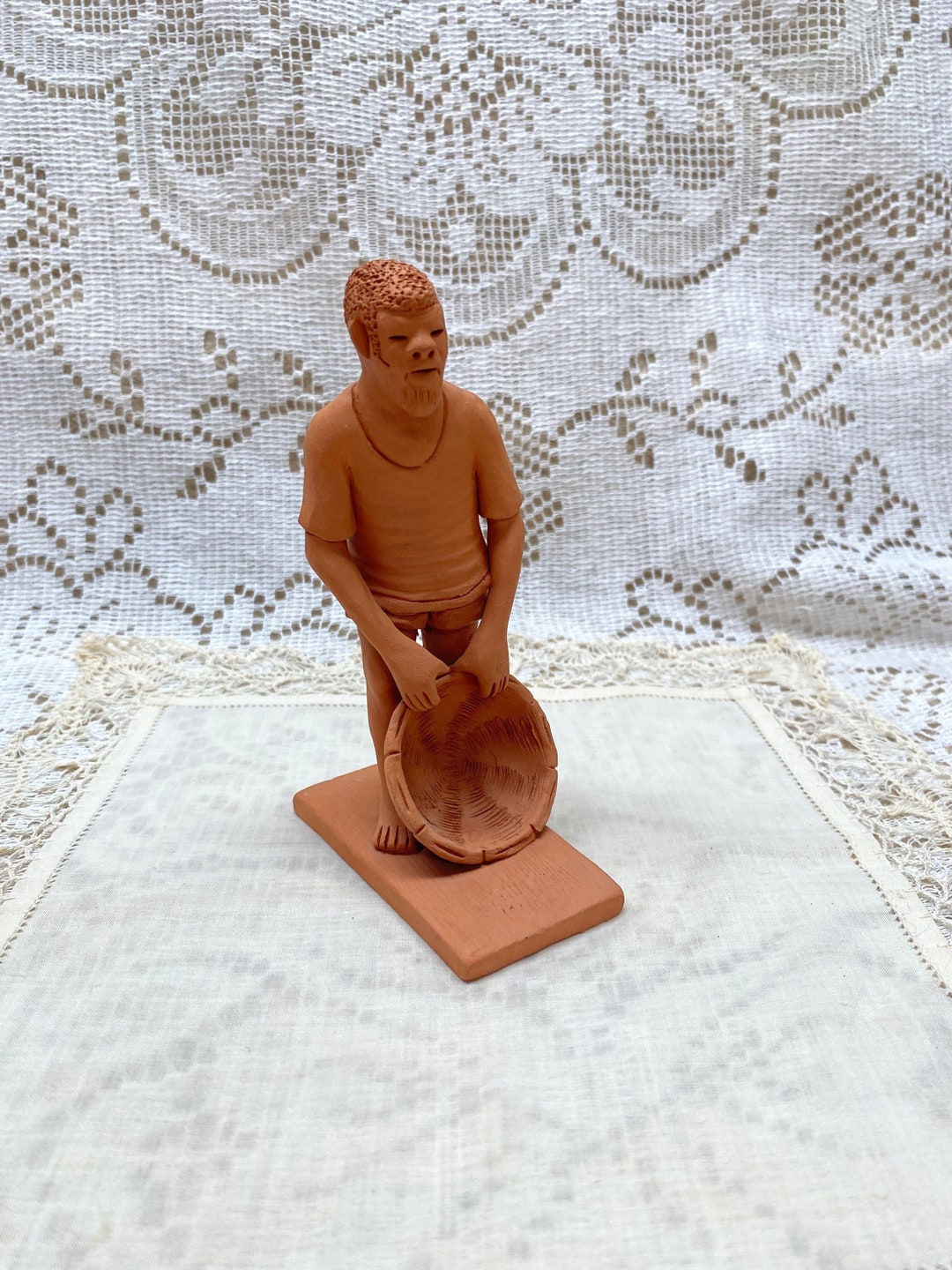 Rare Handmade NATIVE Man Made of CLAY With Gathering Baskettribal Man ...