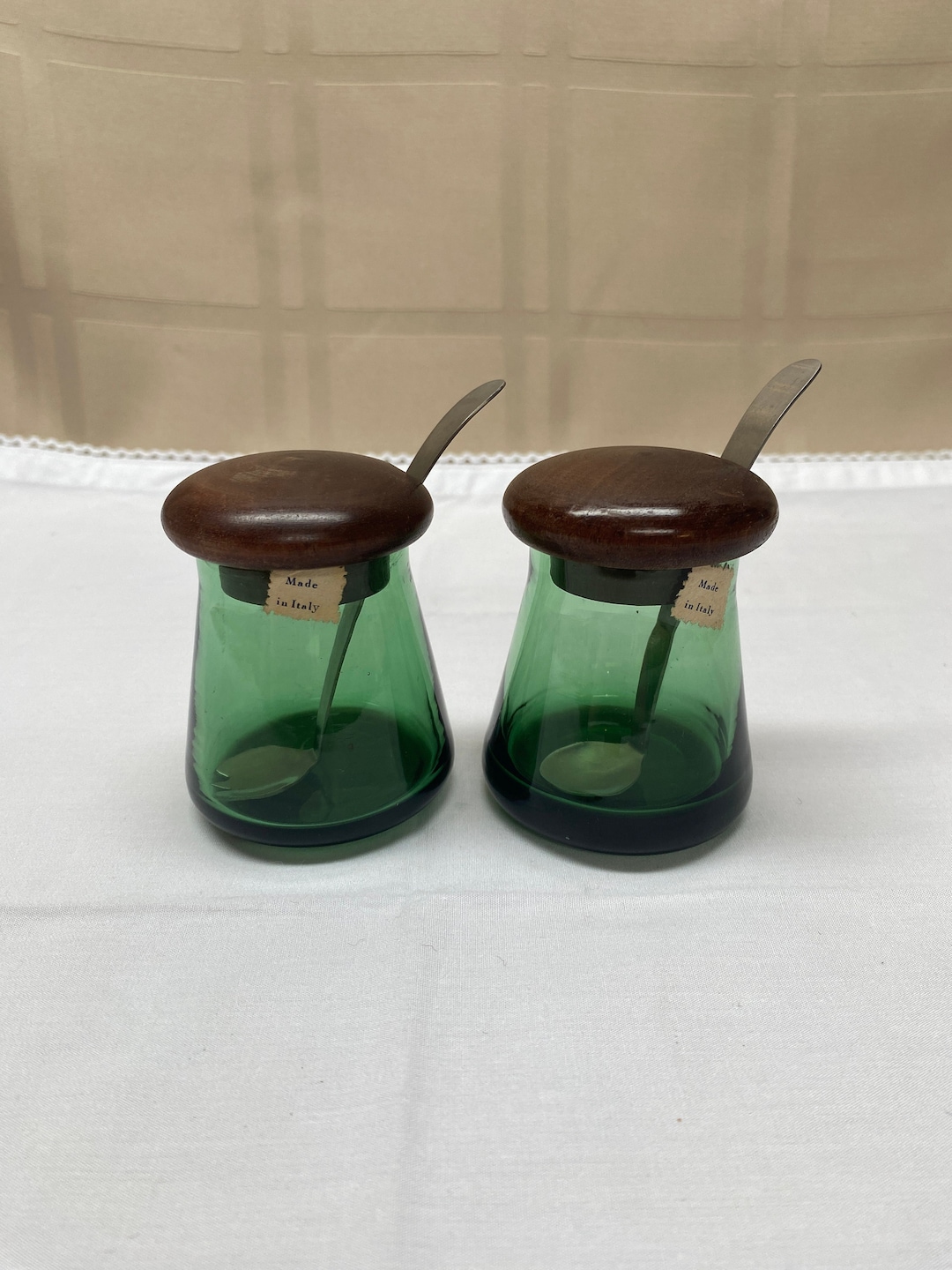 Vintage VERNCO Made in ITALY Green Glass and Stainless Condiments ...