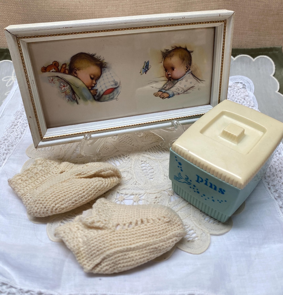 Antique Nursery Decor Set, Celluloid Diaper Pin Caddy, Hand Crocheted ...