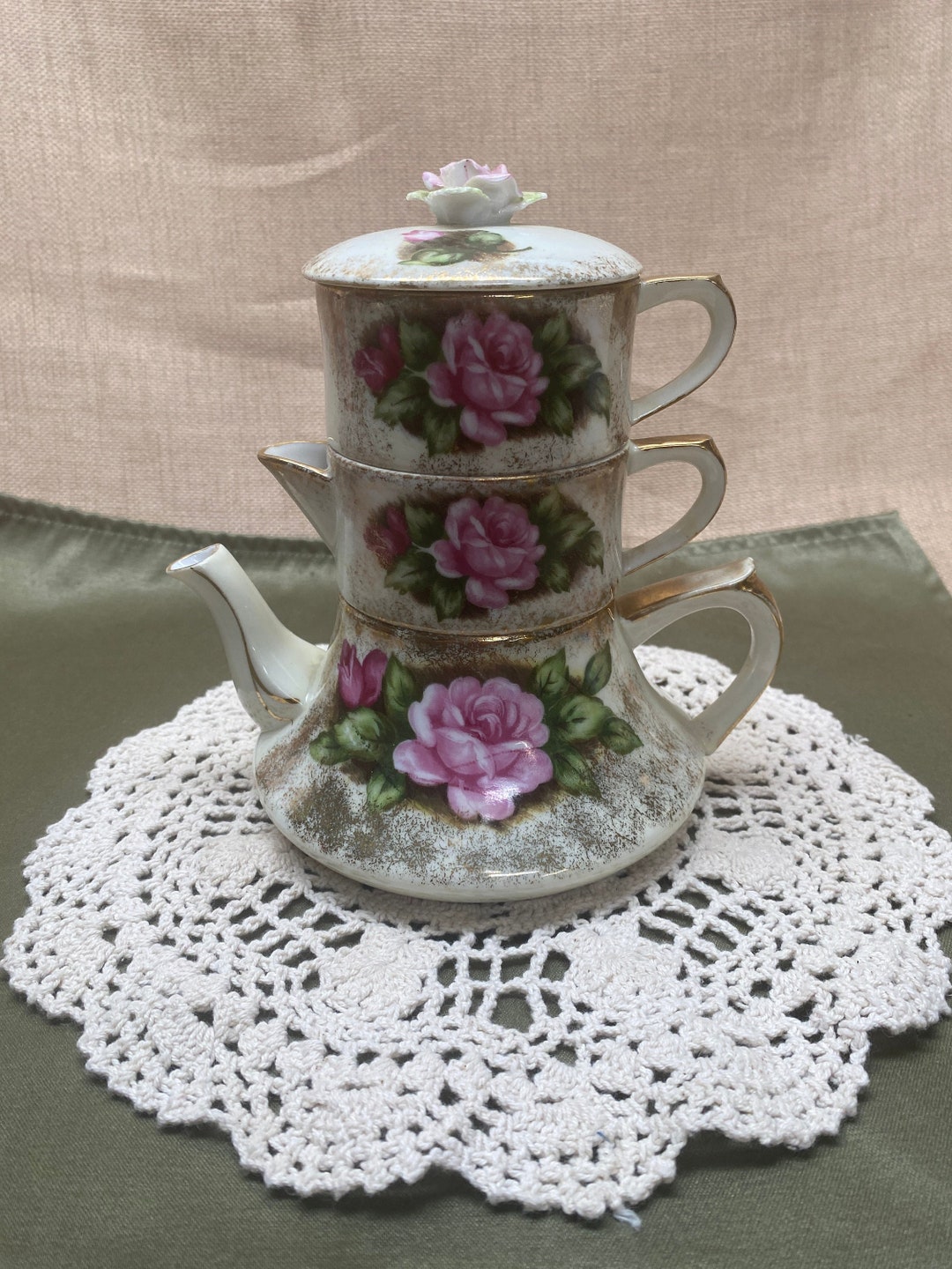 Handpainted Stacking TEA SET With Rosestiered Breakfast Tea Set With ...
