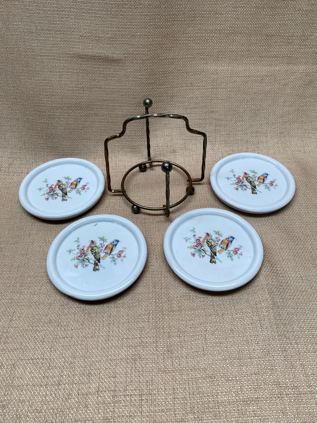 Ceramic Coaster Set in Brass Holder Handpainted Pair of Birds on Drink ...