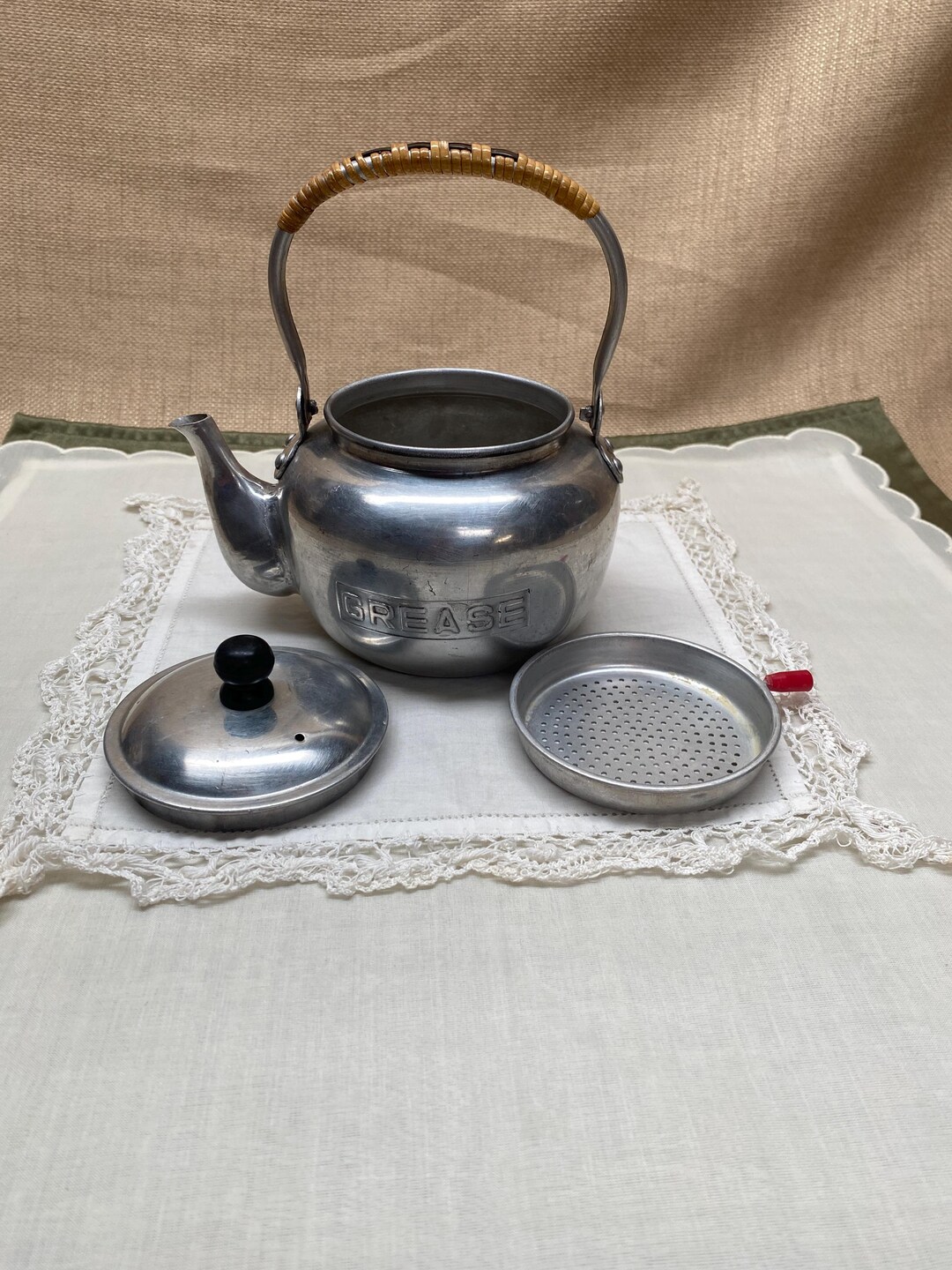 Vintage ALUMINUM Mini Grease Pot With Bamboo Wood Wrapped Handle and ...