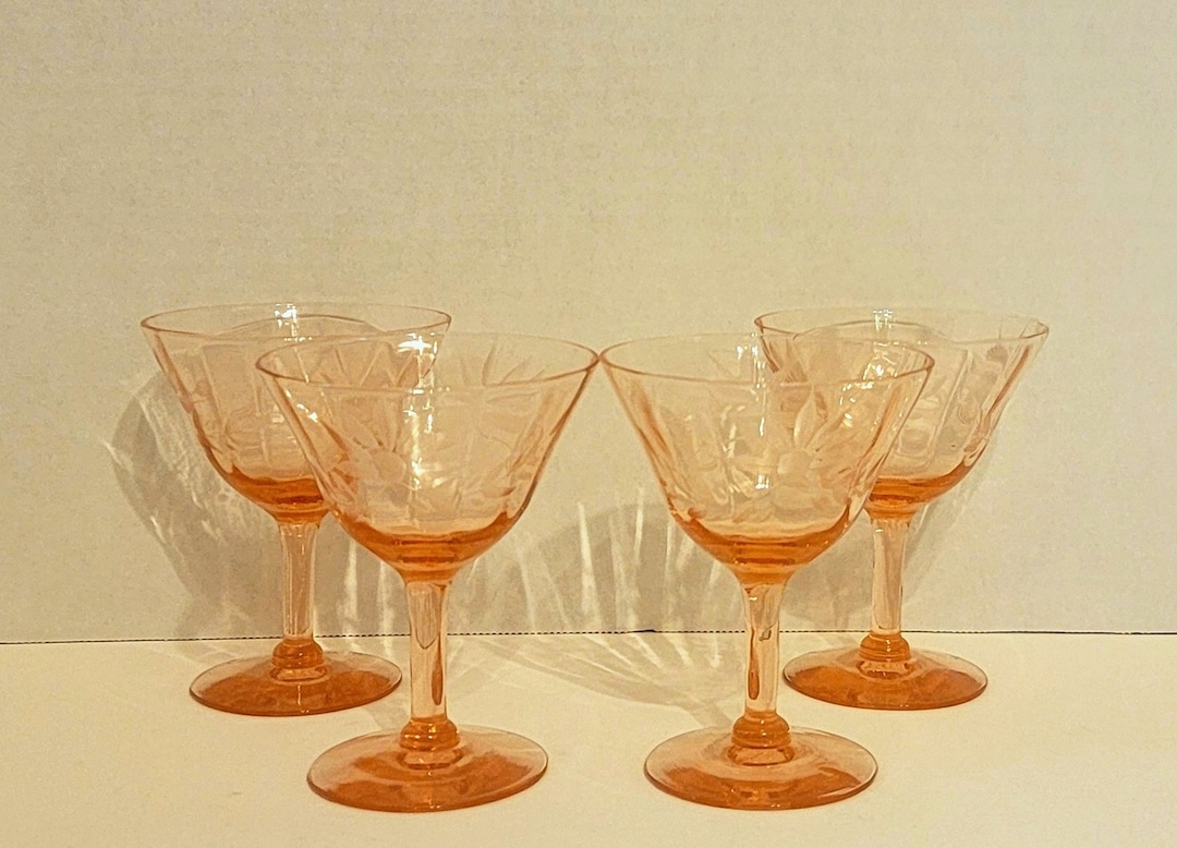 Four (4) Pink Floral Etched Glass Champagnes / Sherbets - Etsy