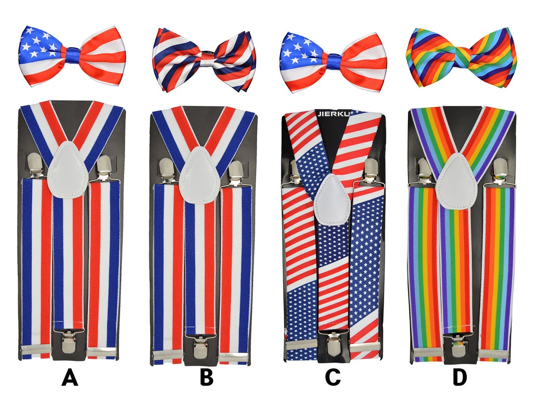 USA Flag Wide Adjustable Braces Match Color Suspender Bow Tie Set ...