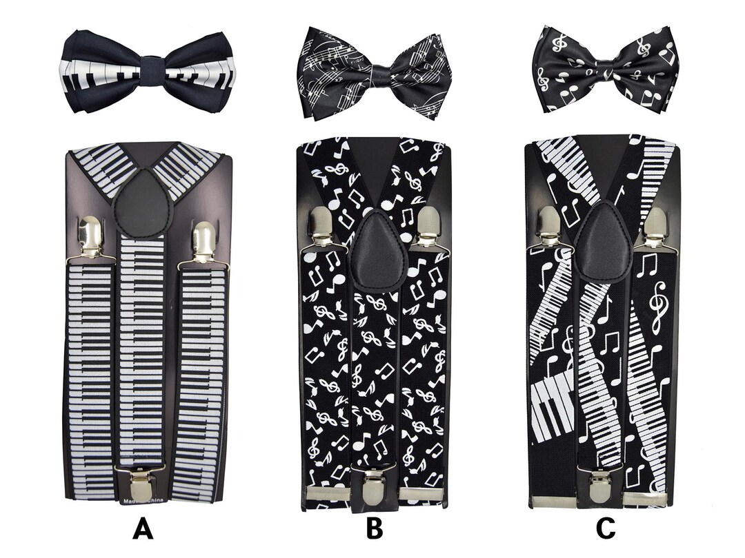 Wide Adjustable Braces Match Music Note Suspender Bow Tie Set Elastic ...