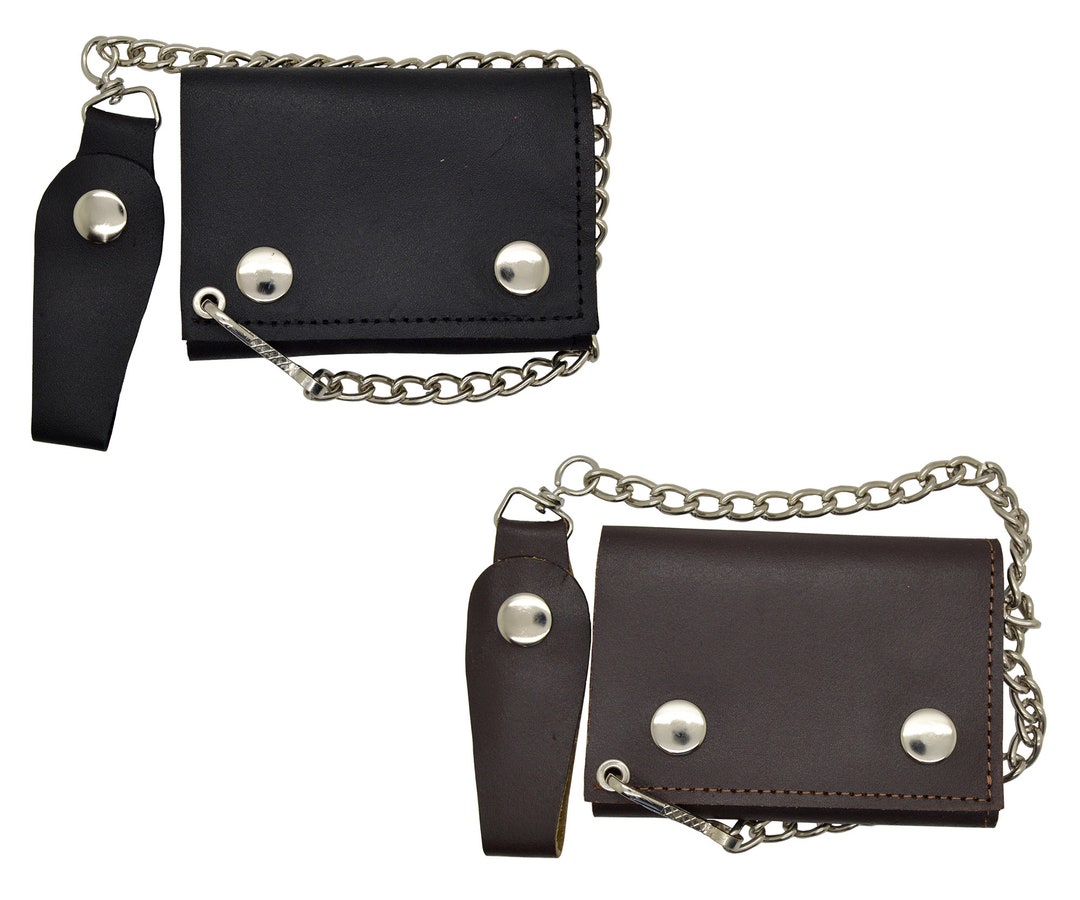 Biker Chain Wallet Genuine Leather Black Plain Tri-fold With Belt Loop ...
