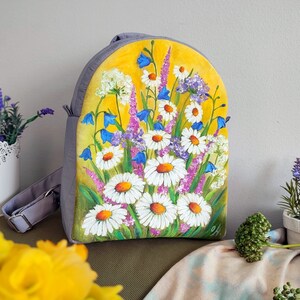 Cute Women's Backpack With Hand Painted Daisies and Wildflowers, Yellow ...