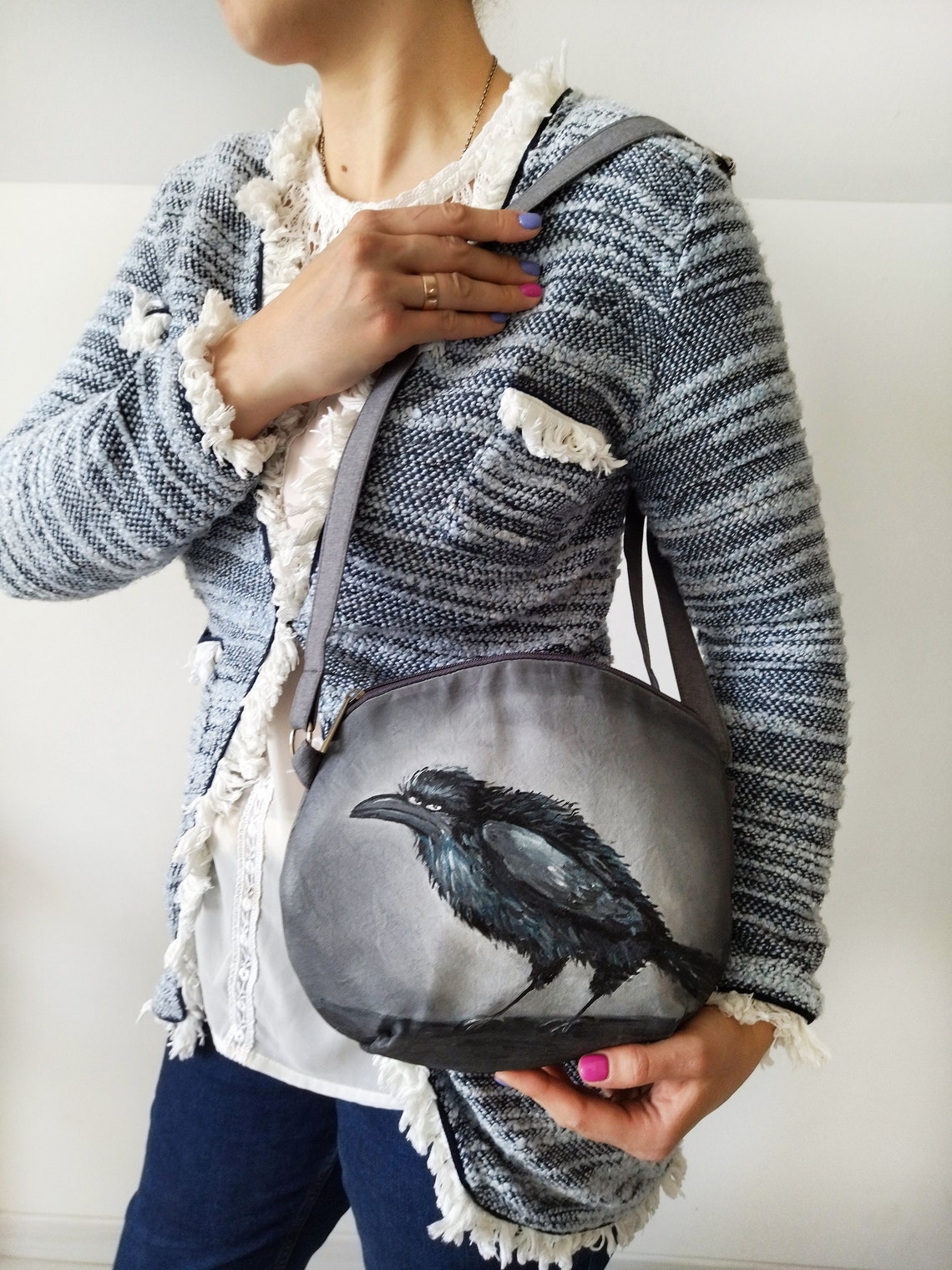 Gray crow crossbody purse for women crow womens fabric | Etsy