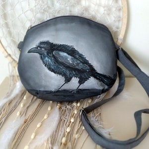 Gray Crow Crossbody Purse for Women, Crow Womens Fabric Shoulder Bag ...