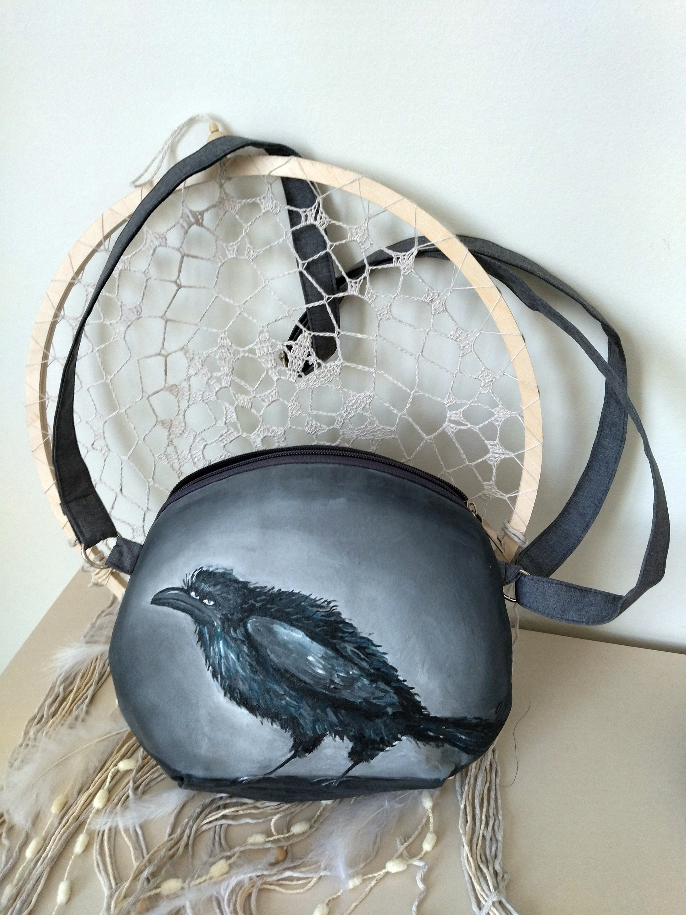 Gray crow crossbody purse for women crow womens fabric | Etsy