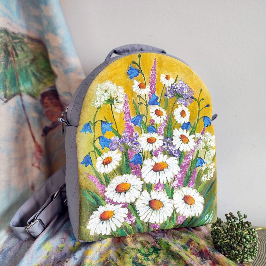 Cute Women's Backpack With Hand Painted Daisies and Wildflowers, Yellow ...