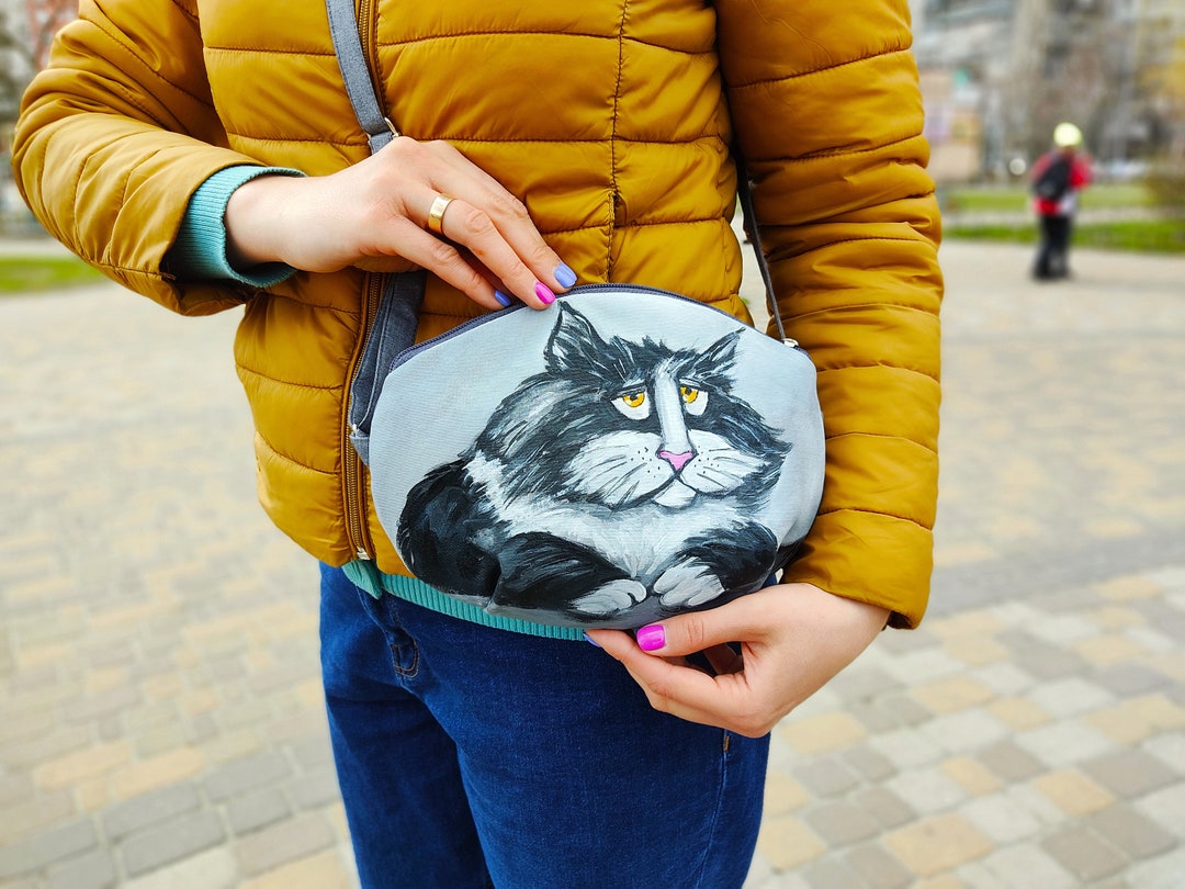 Womens Shoulder Bag With Hand Painted Funny Cat, Custom Cat Mom ...