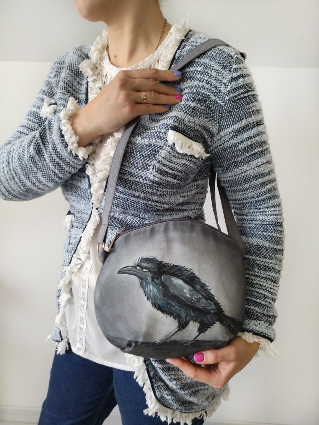 Gray Crow Crossbody Purse for Women, Crow Womens Fabric Shoulder Bag ...